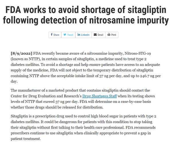 Higher limits allowed by FDA for Nitroso-sitagliptin - Limits of ...