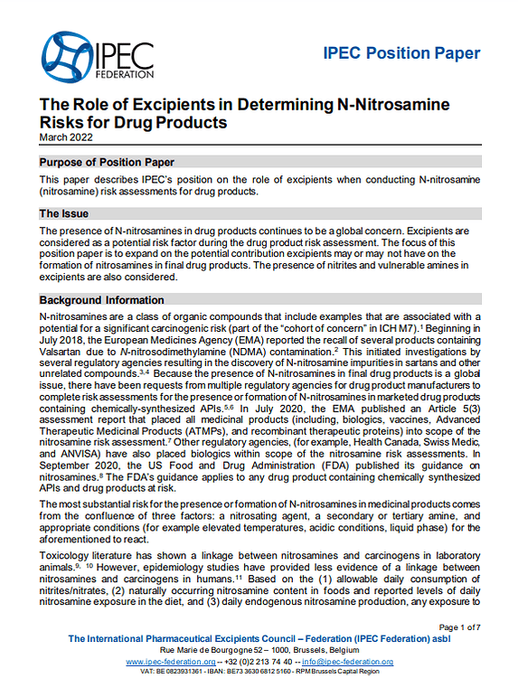 IPEC Federation Position Paper on Role of Excipients in determining N ...