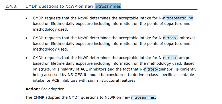 CMDh mandated the SWP/NcWP for AI derivations of N-nitrosamines ...