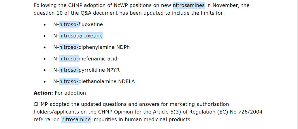 CMDh mandated the SWP/NcWP for AI derivations of N-nitrosamines ...