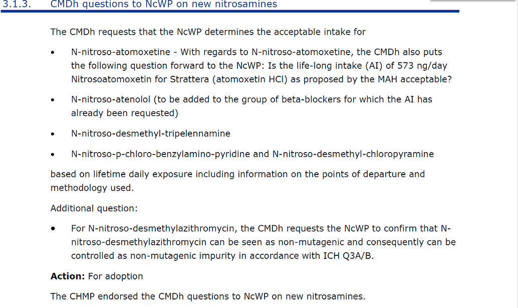CMDh mandated the SWP/NcWP for AI derivations of N-nitrosamines ...